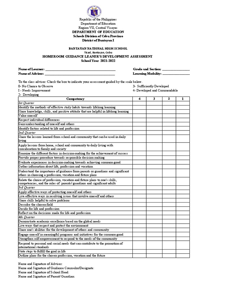 Homeroom Guidance Assessment 2021-2022 | PDF | Learning | Decision Making
