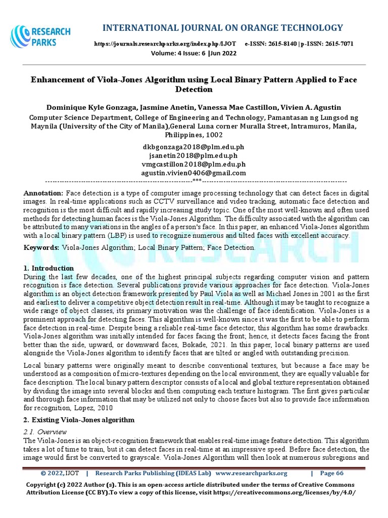 Enhancement Of Viola Jones Algorithm Using Local Binary Pattern Applied To Face Detection Pdf