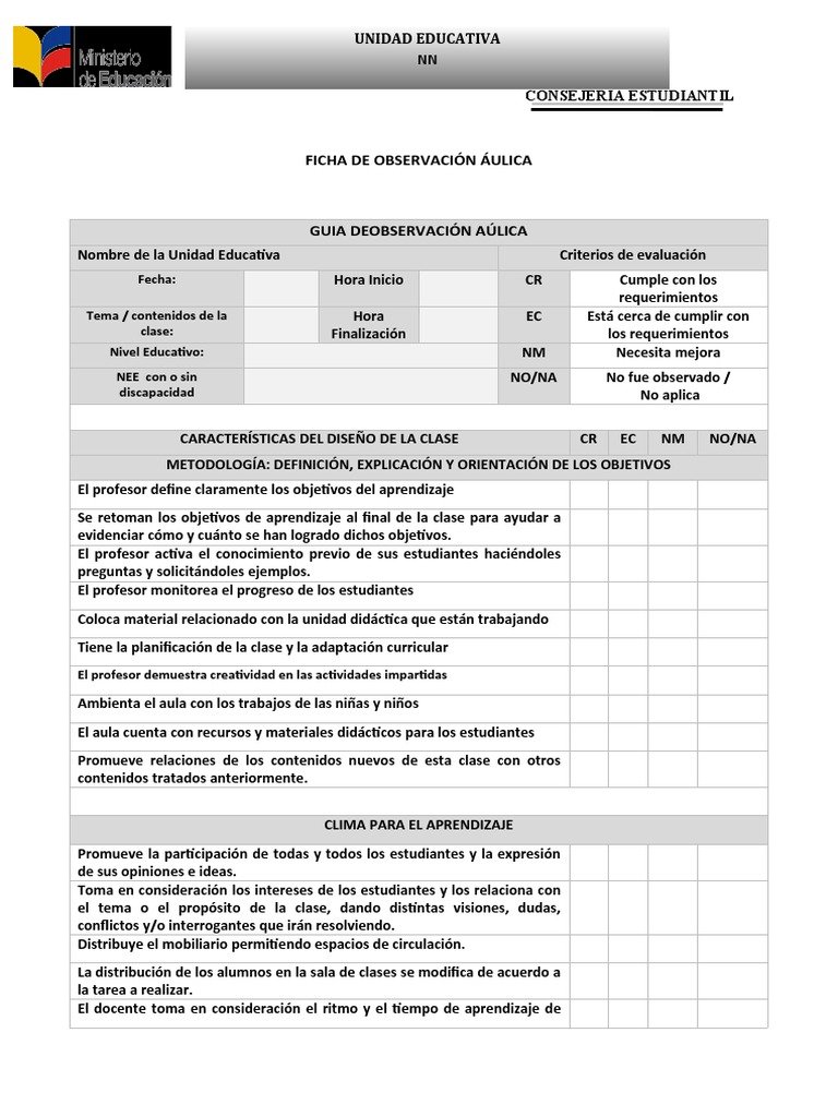 fICHA DE OBSERVACIÓN AULICA | PDF | Maestros | Aprendizaje