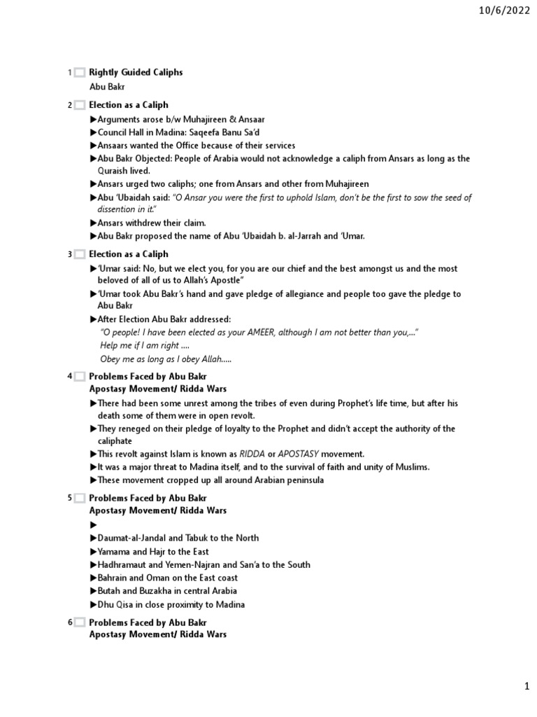 Caliphate of Abu Bakr PPT Notes | PDF | Muhammad | Umar