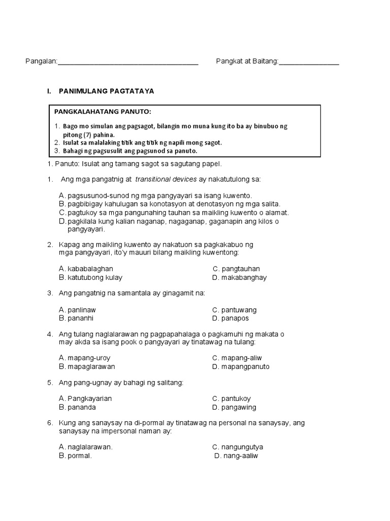 Filipino 9 Pretest | PDF Filipino 9 Pretest | PDF