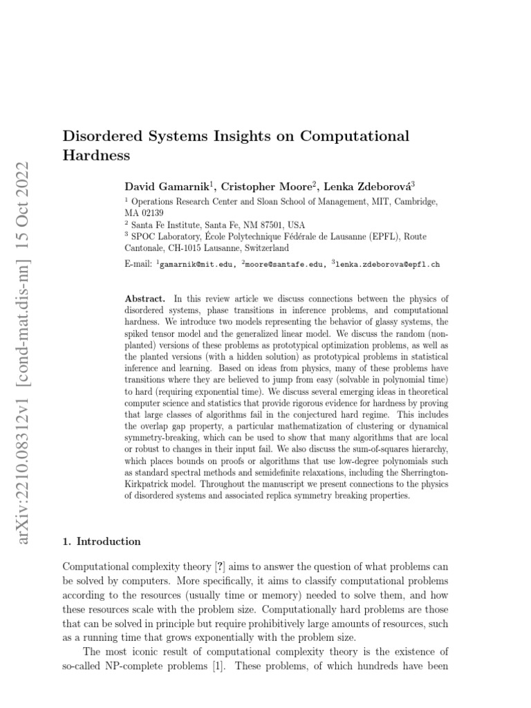 Disordered Systems Insights On Computational Hardness | PDF | Time Complexity | Cluster Analysis