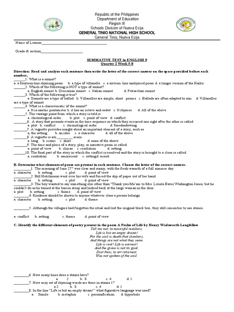 English 9 Summative Test Guide | PDF | Sonnets | Poetry
