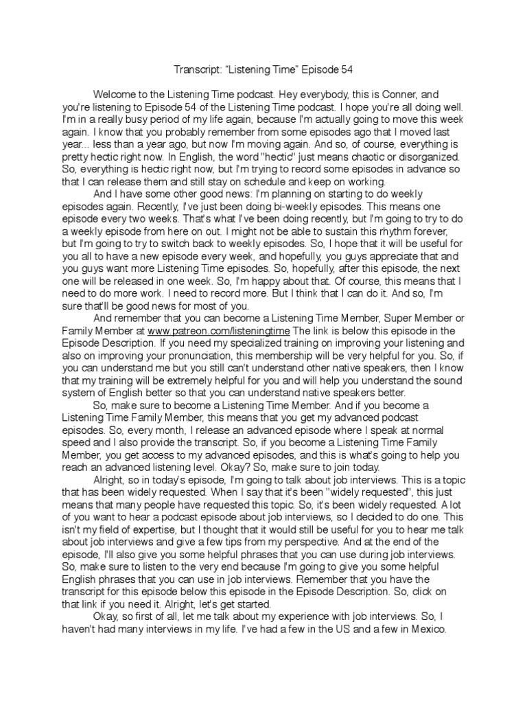 Episode 54 Transcript - Listening Time | PDF | Question | Essays