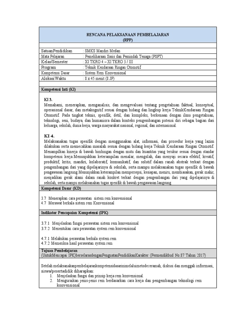 RPP Sistem Rem SMK Mandiri | PDF