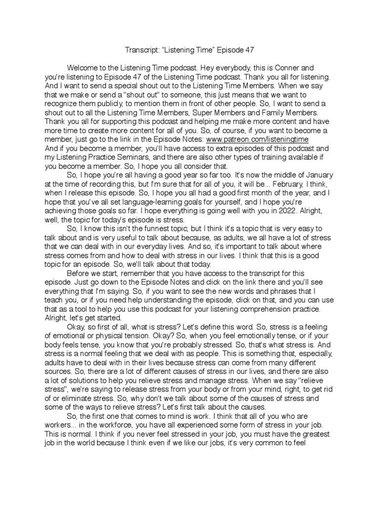 Episode 47 Transcript - Listening Time | PDF | Feeling | Stress (Biology)