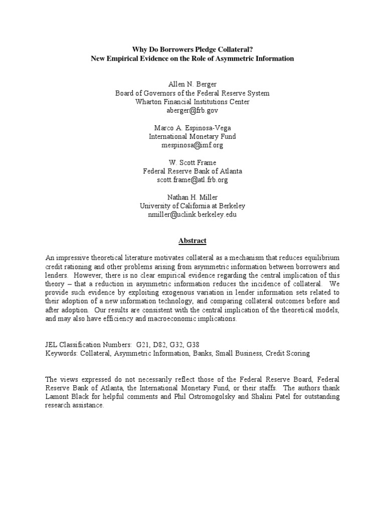 Why Do Borrowers Pledge Collateral | PDF