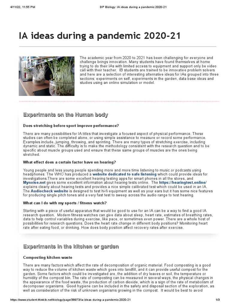 DP Biology - IA Ideas During A Pandemic 2020-21 | PDF