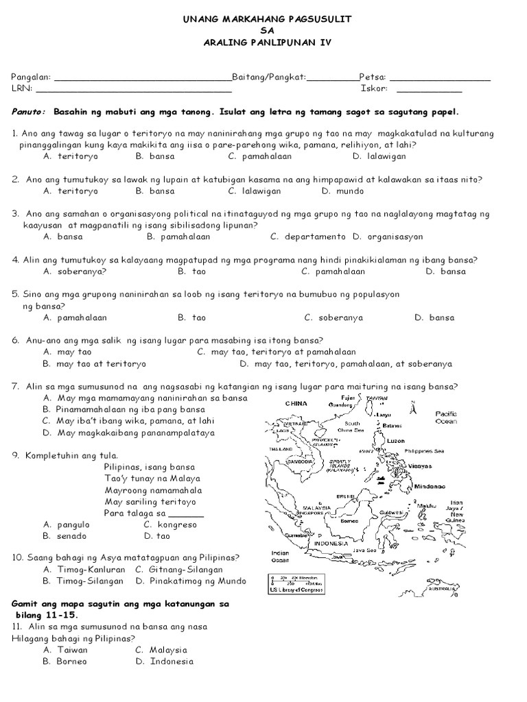 Panuto:: Unang Markahang Pagsusulit SA Araling Panlipunan Iv | PDF
