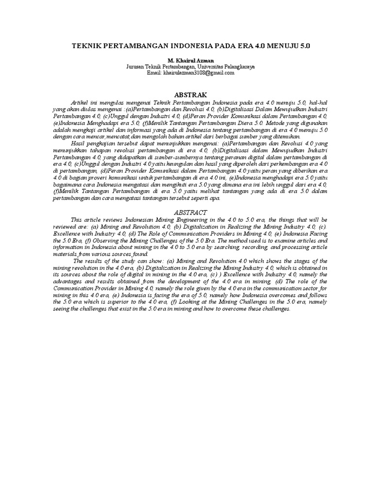 TEKNIK PERTAMBANGAN DI ERA 4.0 MENUJU 5.0 - M. Khairul Azman | PDF