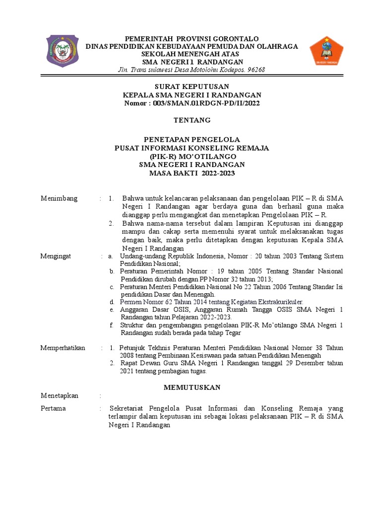 SK Bimbingan Ekskul Pengelolaan Pik-R | PDF