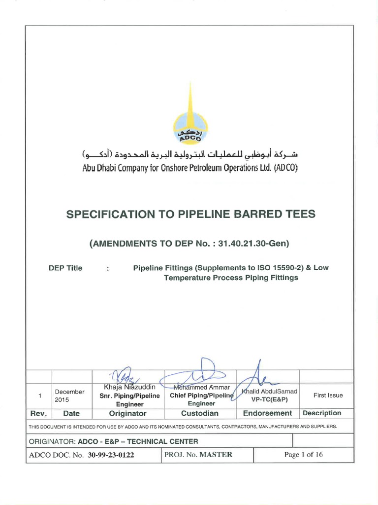 ES-30-99-23-0122 - Specification For Pipeline Barred Tee | PDF | Pipe (Fluid Conveyance ...