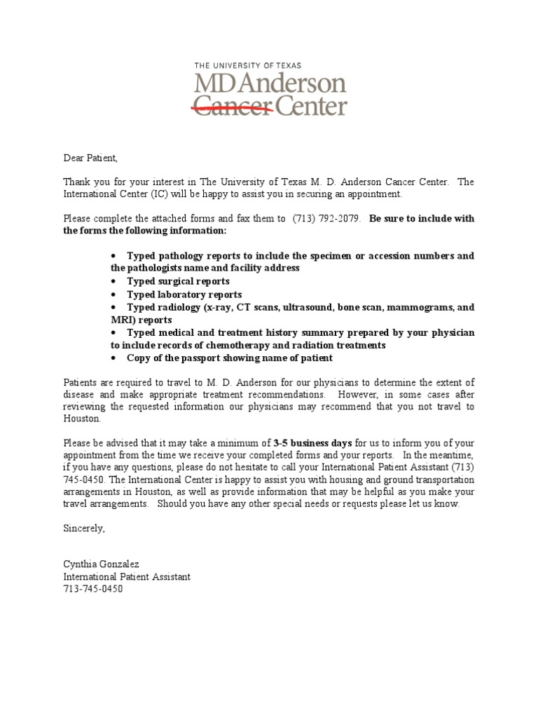 International Patient Appointment Request and Medical Records Summary ...