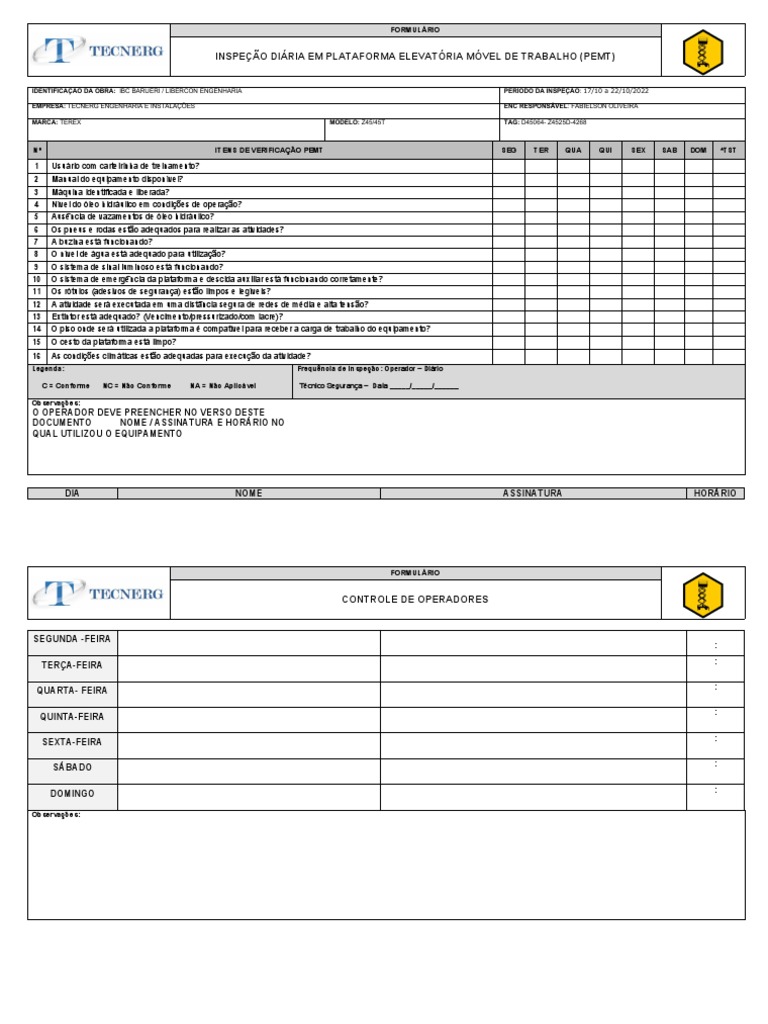 Check List Plataforma Elevatória Terex D45064 | PDF