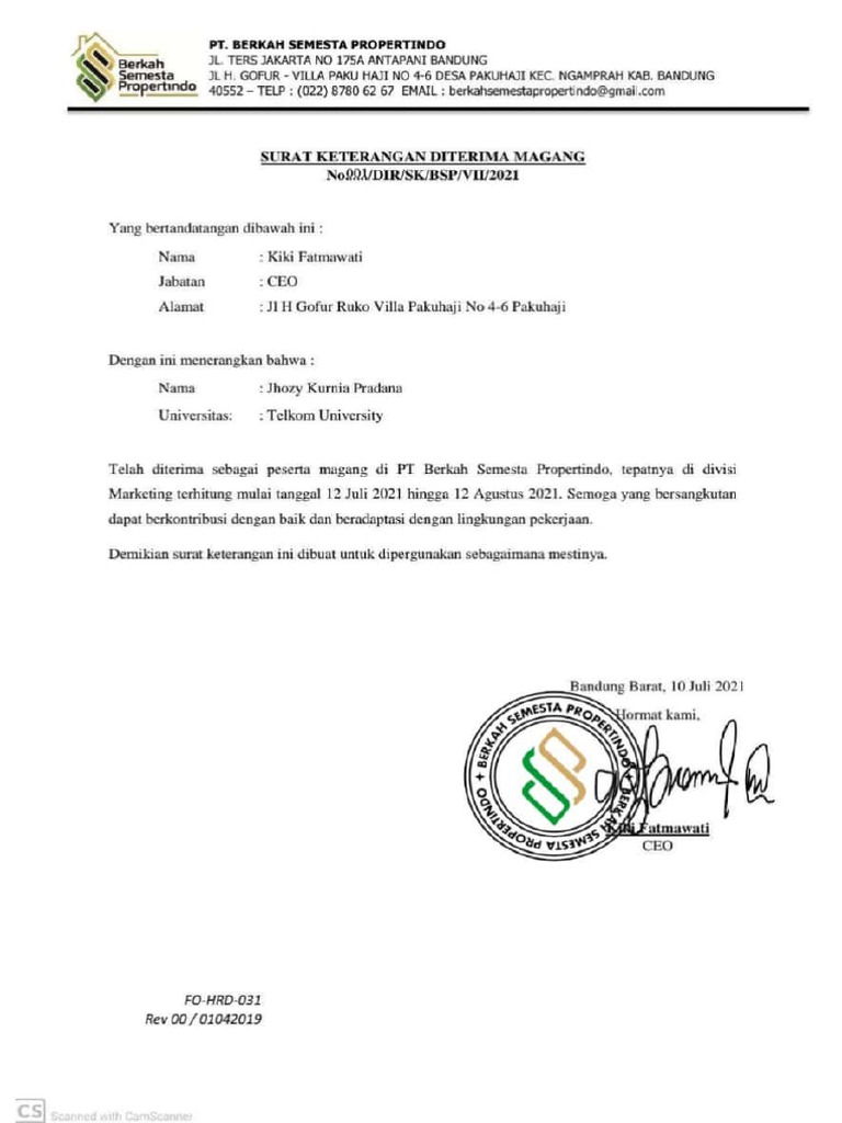 Surat Penerimaan Magang | PDF