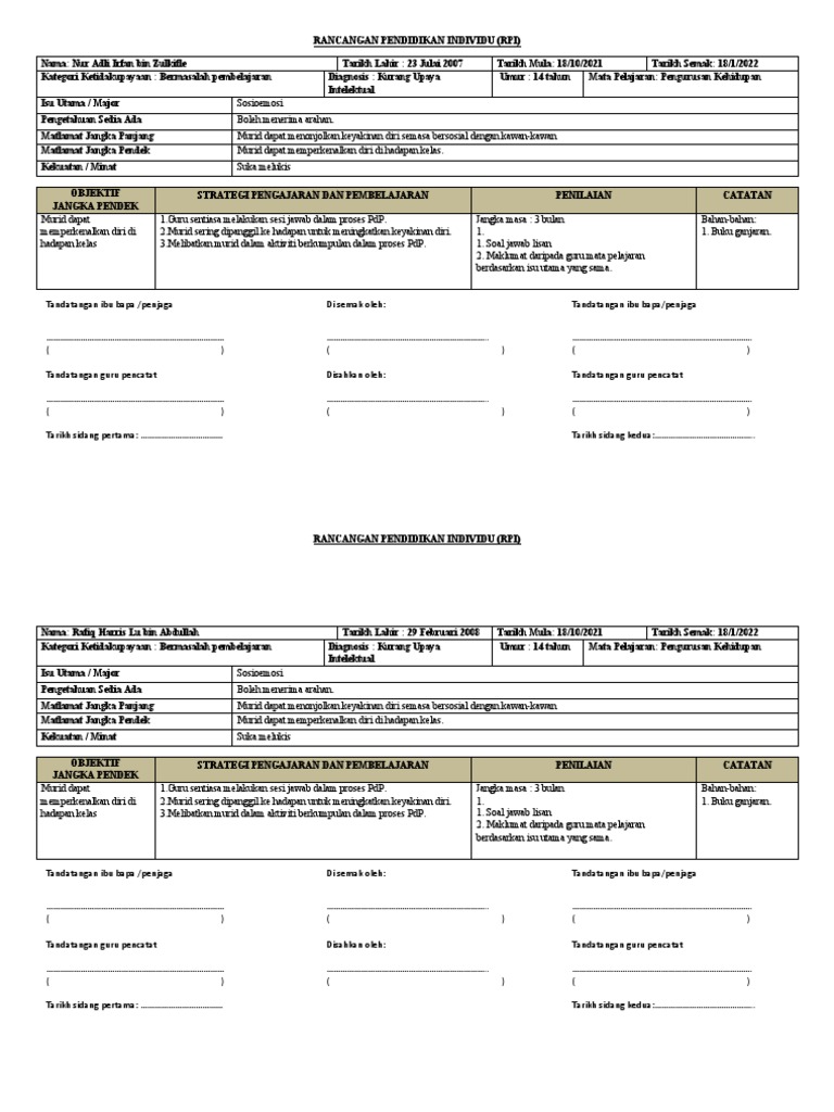 Contoh Rancangan Pendidikan Individu (RPI) | PDF