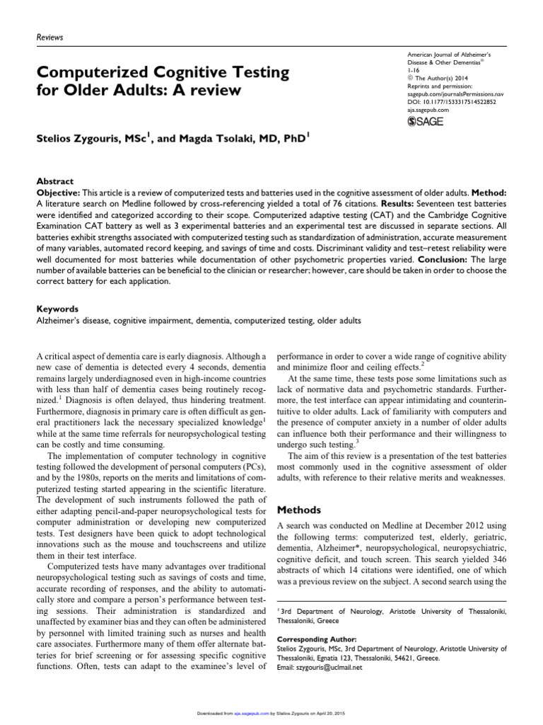 Computerized Cognitive Testing For Older Adults - A Review | PDF ...