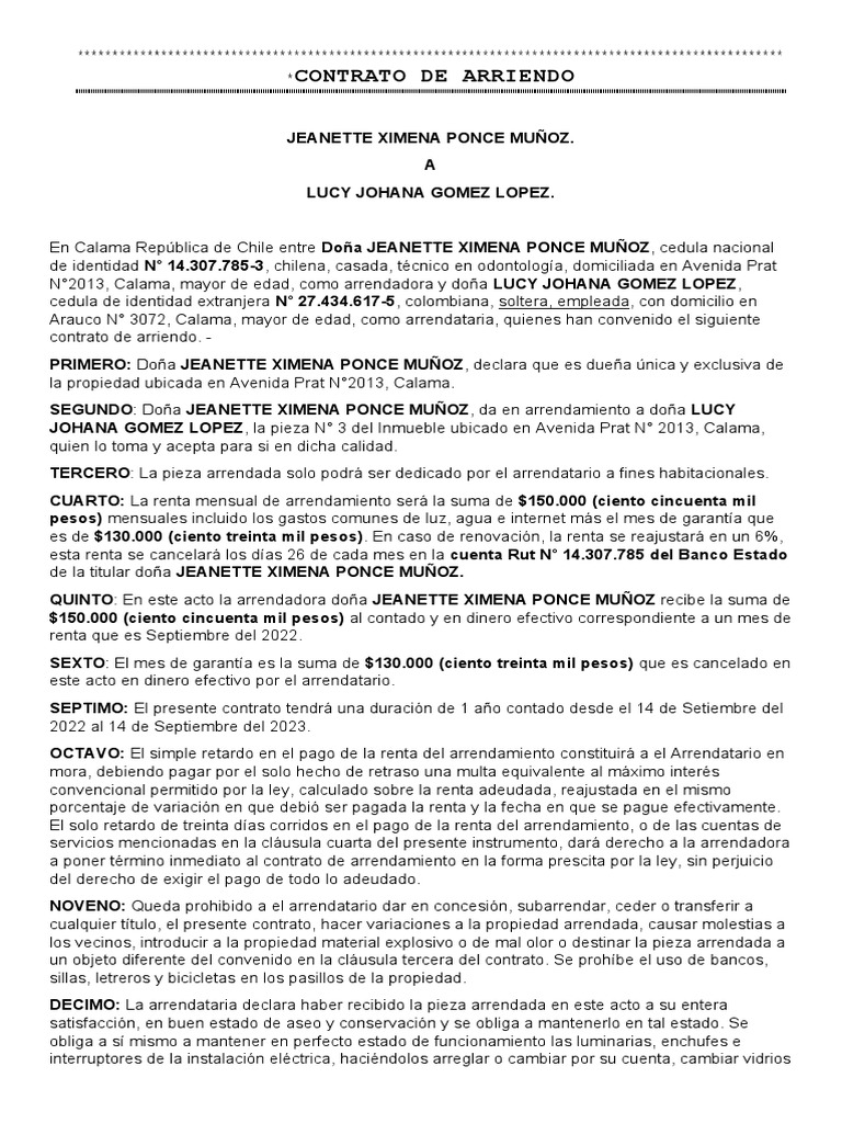 Contrato de Arriendo Pieza 3 | PDF
