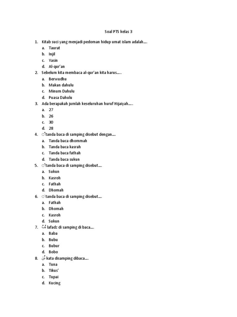 Soal PTS BTA Kelas 3 | PDF