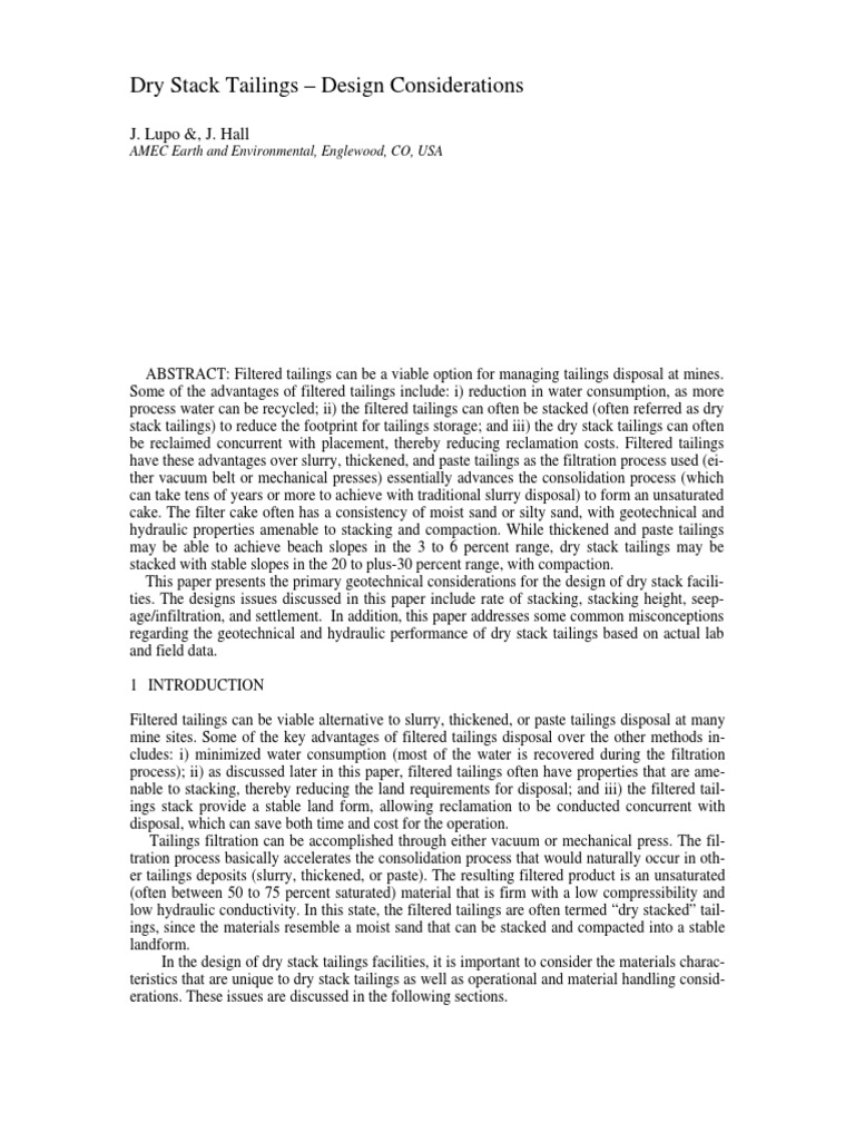 Dry Stack Tailings - Design Considerations (Lupo Et Hall) | PDF
