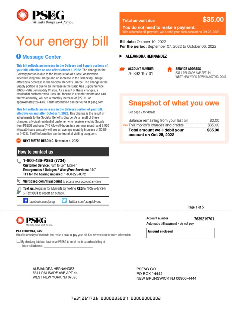 PSE&G Sample Bill Overview | PDF | Cheque | Credit Card