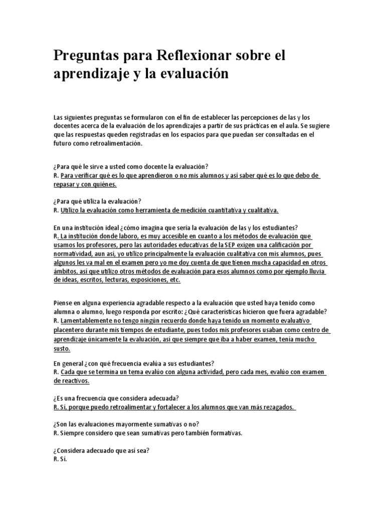 Preguntas para Reflexionar | PDF | Evaluación | Prueba (evaluación) Preguntas para Reflexionar | PDF | Evaluación | Prueba (evaluación)