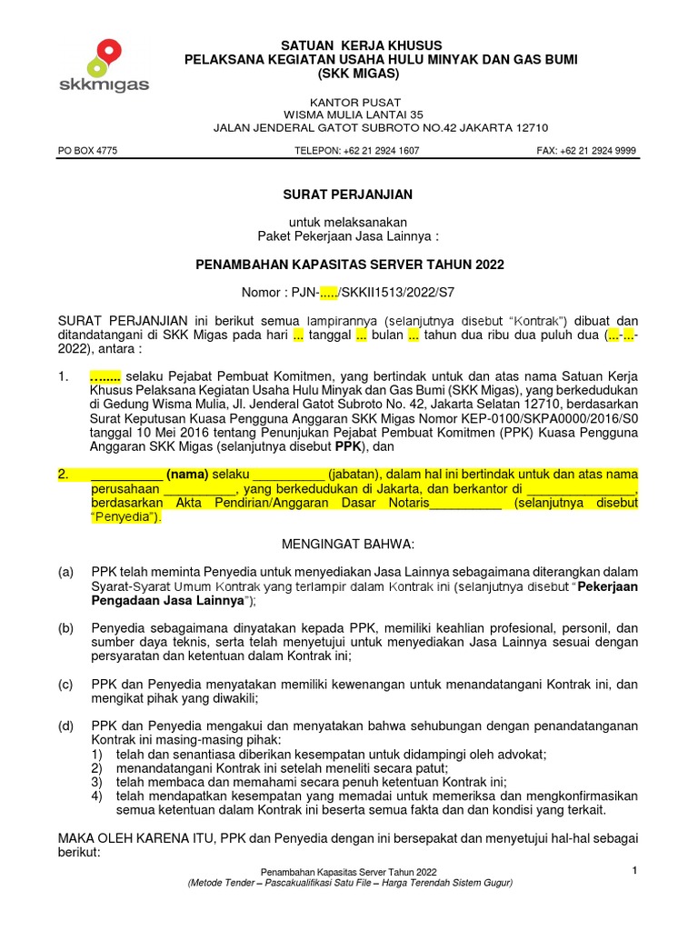 Draft KontrakPenambahan Kapasitas Server Tahun 2022 | PDF
