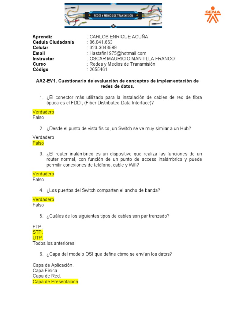 AA2-EV1. Cuestionario de Evaluación de Conceptos de Implementación de Redes de Datos. | PDF ...