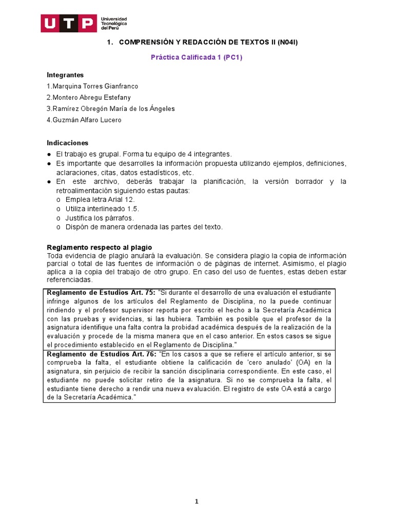 S07 - S08 - Práctica Calificada 1 - Versión Borrador - Formato-1 | PDF | Transportador de bajo ...