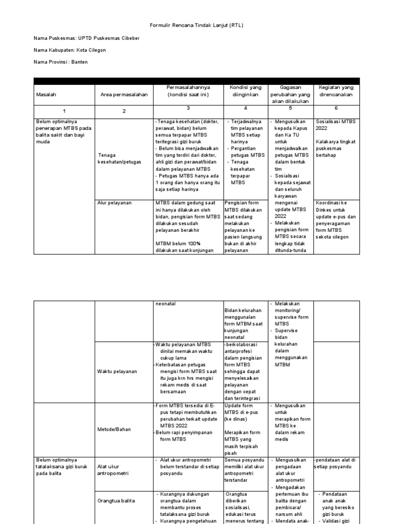 Contoh Formulir Rencana Tindak Lanjut MTBS Gibur | PDF