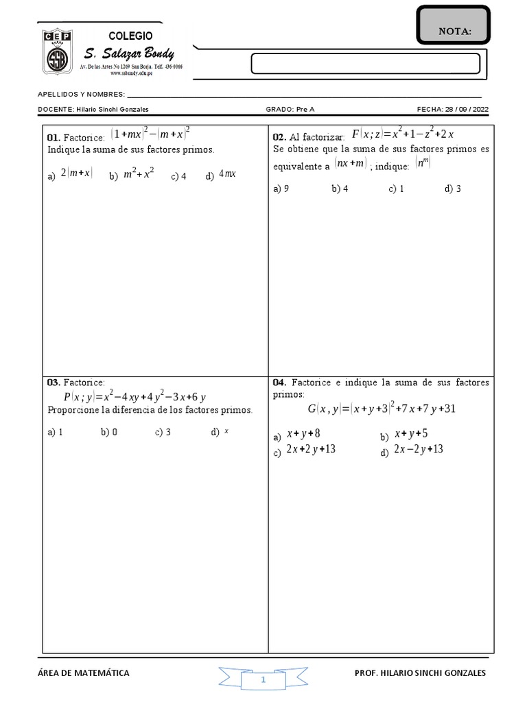 Examen Final de Álgebra Pre A | PDF | Matemáticas | Matemática Elemental