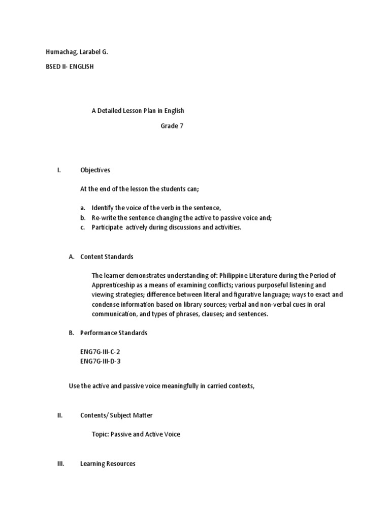 A Detailed Lesson Plan in English | PDF | Subject (Grammar) | Verb