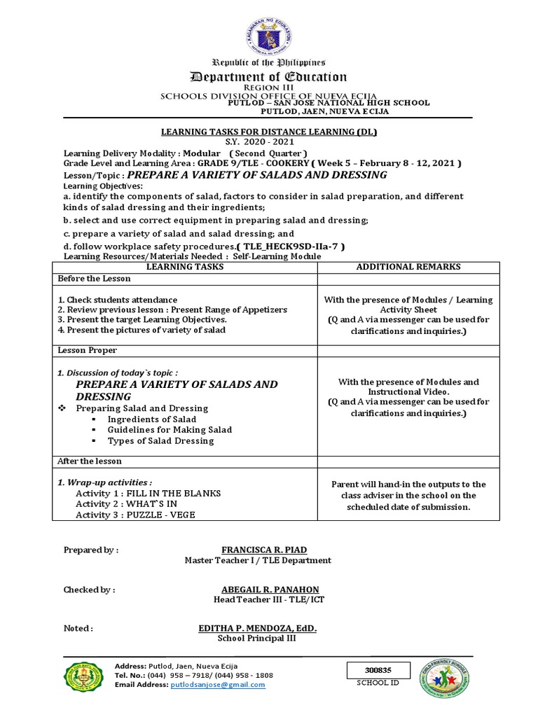 Cookery 9 Learning Task Week 4 Q2 Pdf Cognitive Science Pedagogy