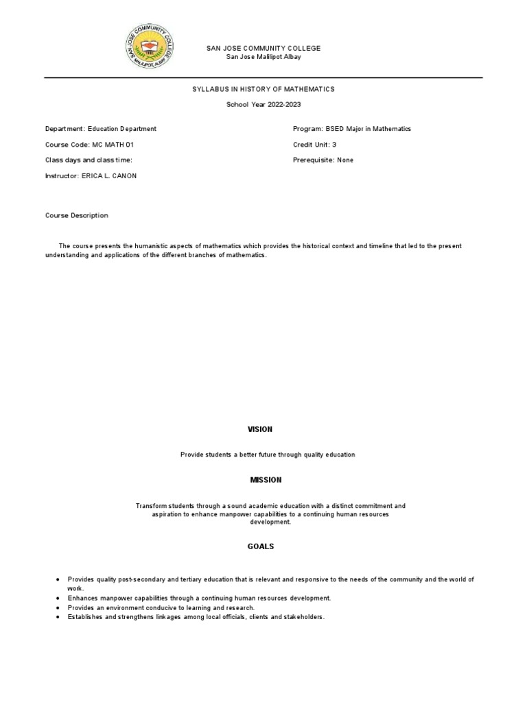 MC MATH 01 Syllabus SJCC | PDF | Geometry | Mathematics