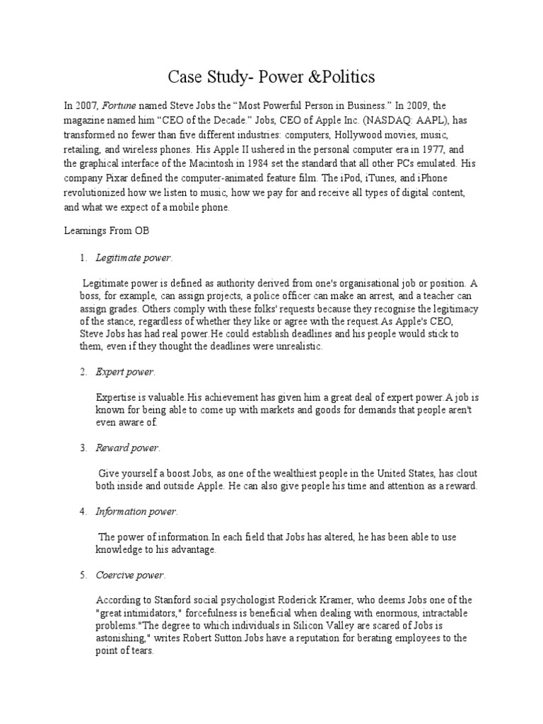 Case Study - Power Politics | PDF | Apple Inc. | Steve Jobs