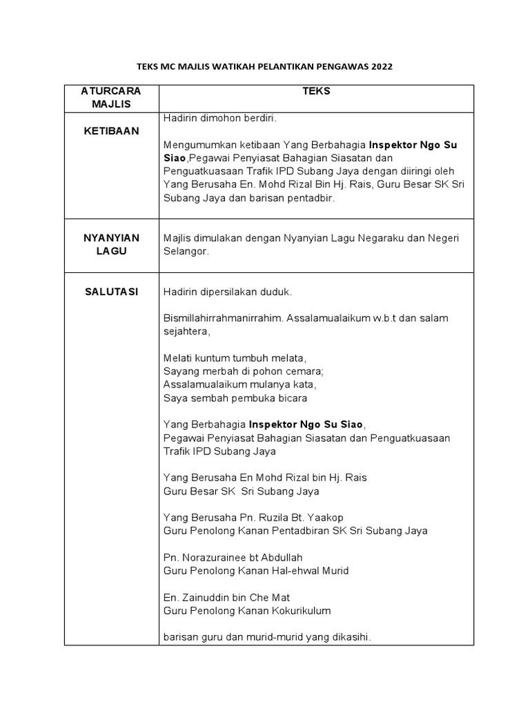 Teks MC Majlis Watikah Pelantikan Pengawas 2022 | PDF