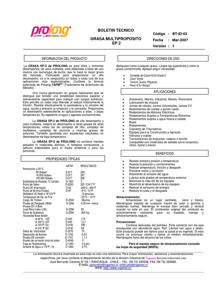 FichaTec - ProlongGrasa Multiproposito | PDF | Rodamiento (Mecánico) | Química