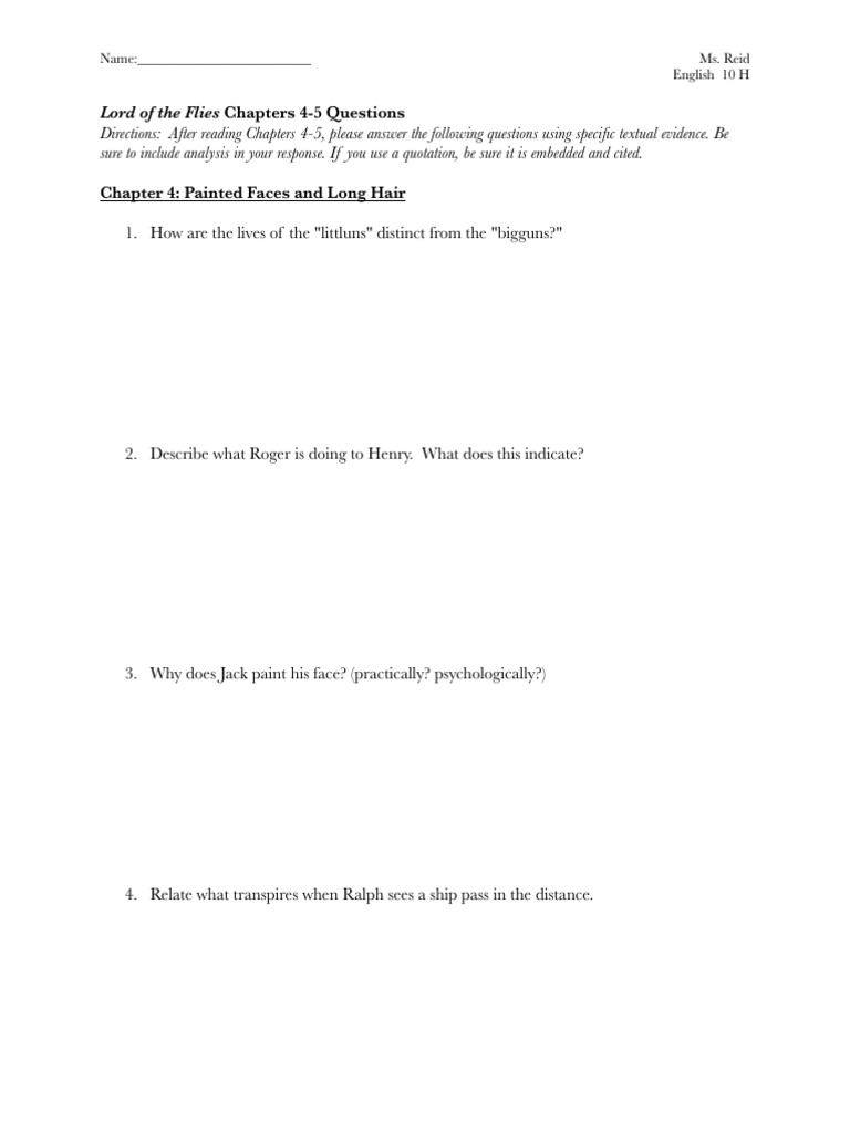 Lord of The Flies Chapters 4-5 Questions - Pages | PDF | Games ...
