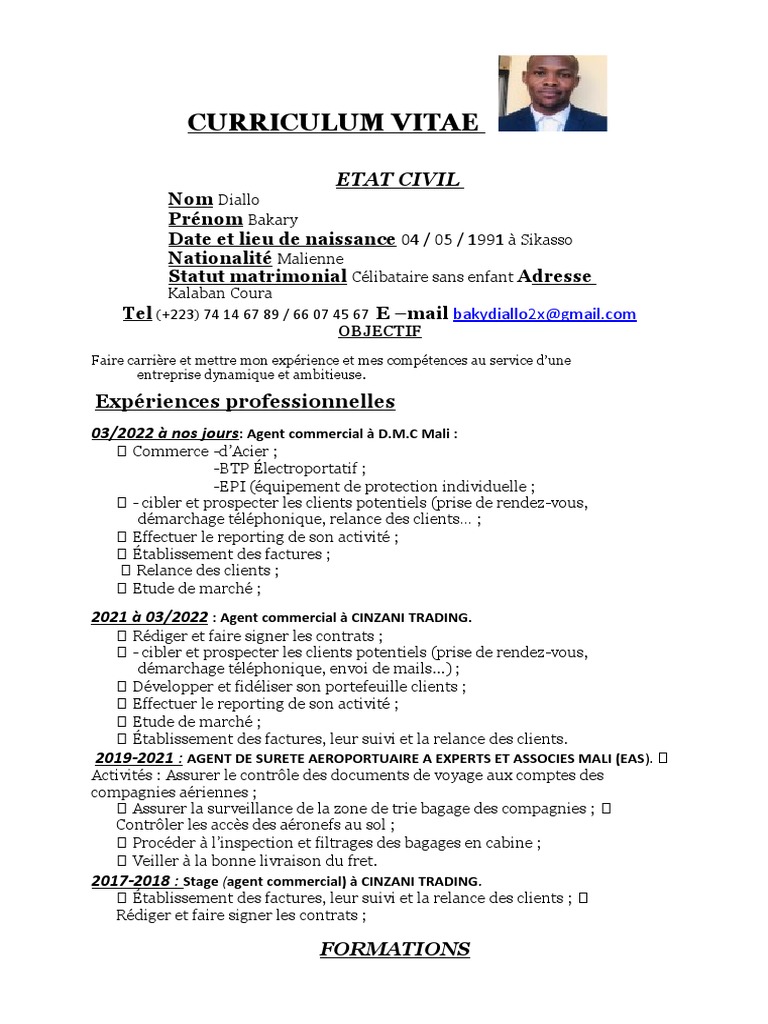 CV de Bakary Diallo - Agent Commercial | PDF | Mali | Aviation
