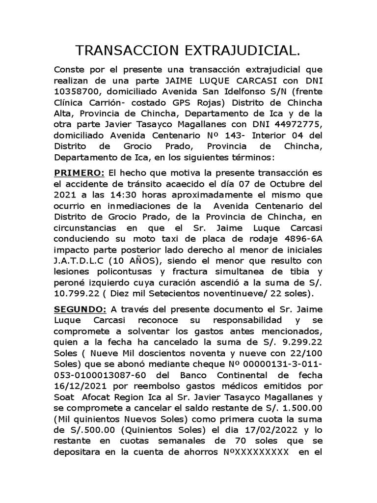 Transaccion Extrajudicial | PDF | Justicia | Crimen y violencia