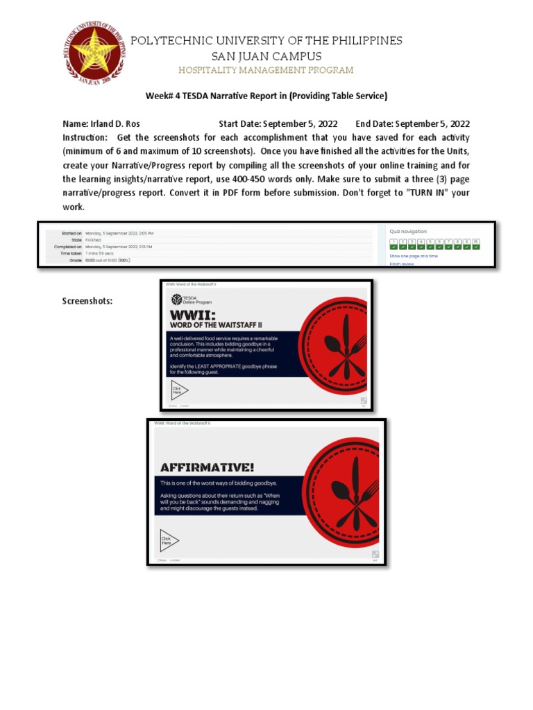 Week 4 Tesda Narrative Report | PDF | Waiting Staff | Restaurants