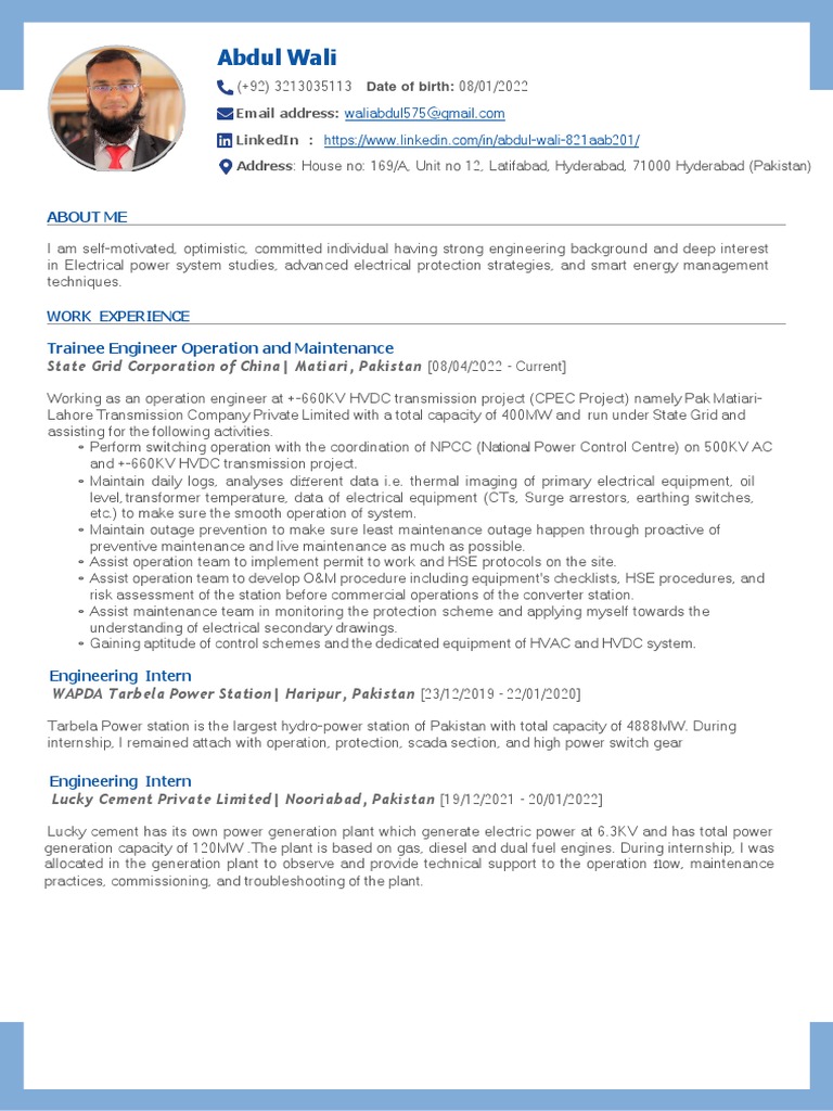 Abdul Wali Resume | PDF | High Voltage Direct Current | Electric Power Transmission