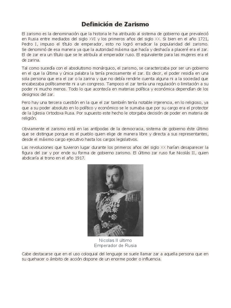 Definición y características del zarismo | PDF | Política | Historia