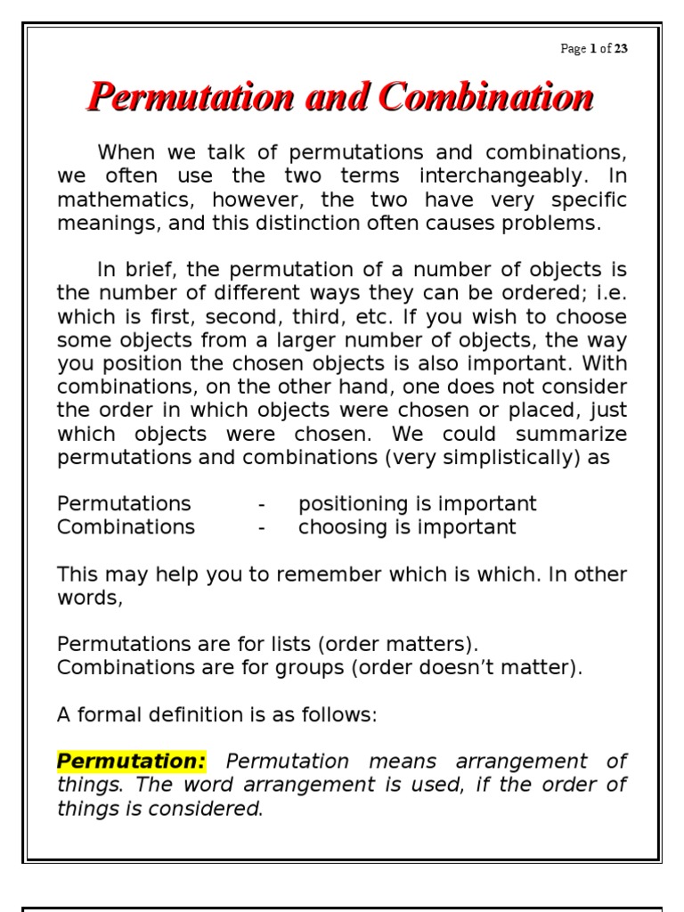 Permutation And Combination Pdf Permutation Teaching Mathematics