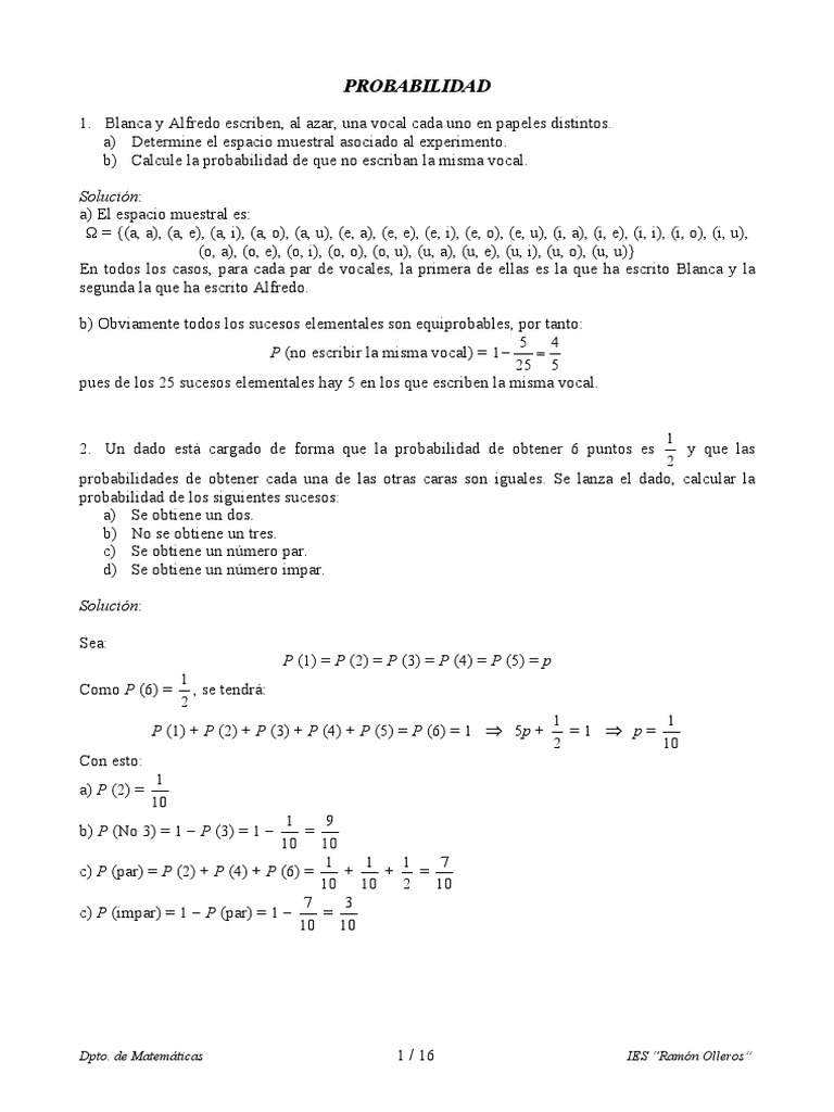 PROBABILIDAD. 2. Un Dado Está Cargado de Forma Que La Probabilidad de ...