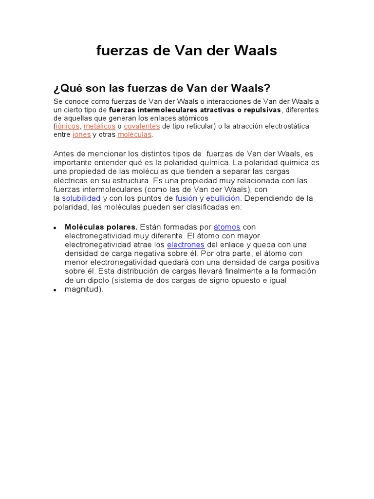 Fuerzas de Van Der Waals | PDF | Polaridad química | Moléculas