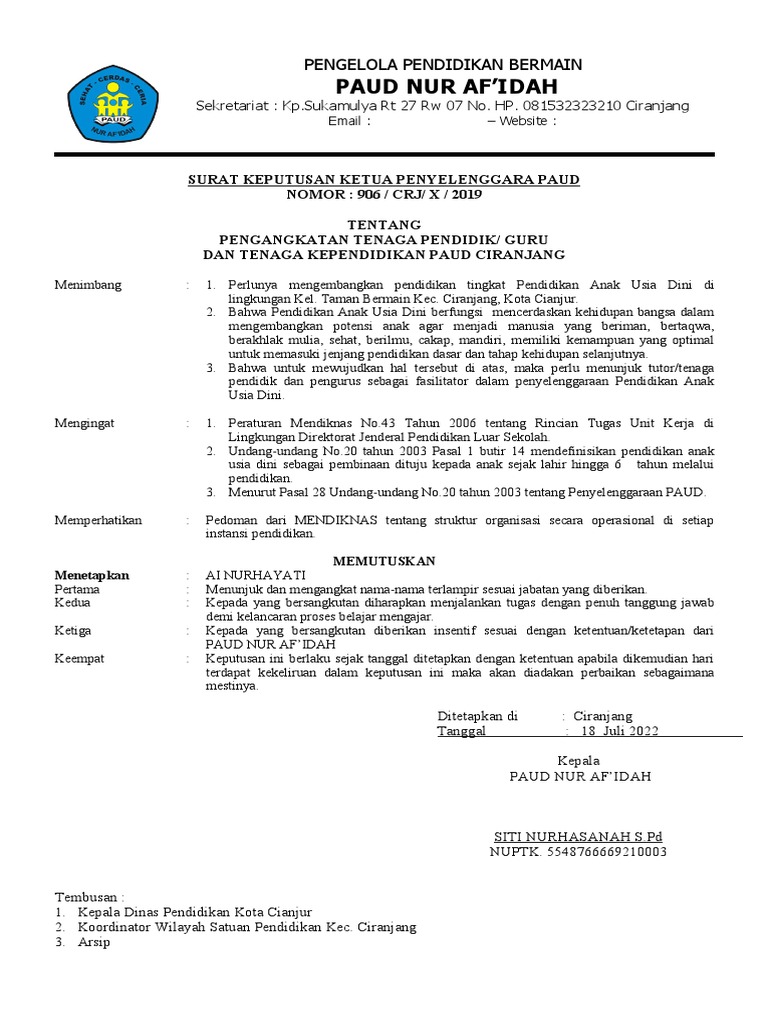 SK Pengangkatan Guru Paud TK KB Ai Nurhayati Budiman | PDF