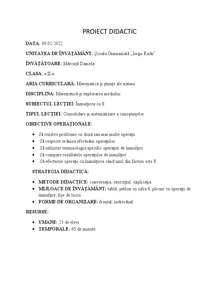 Proiect Didactic Clasa A 2 A Inmultirea Cu 8 | PDF