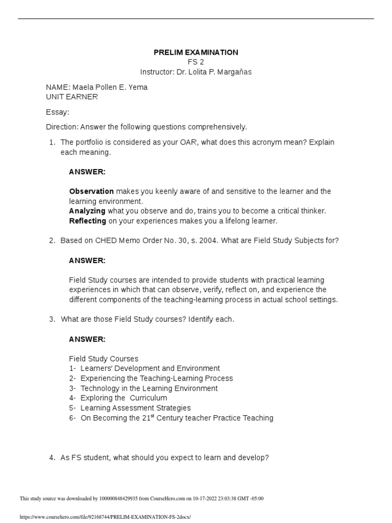 Prelim Examination FS 2 | PDF | Teaching Method | Learning