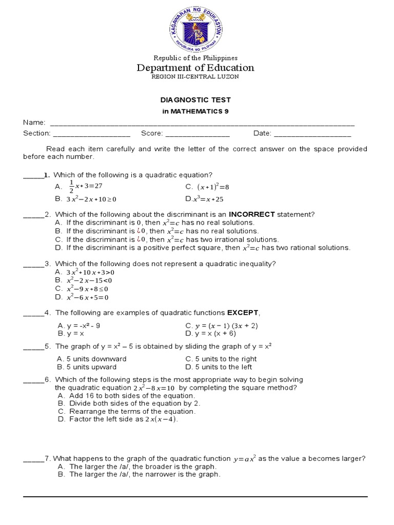 Grade 9 Mathematics Diagnostic Test | PDF | Triangle | Perpendicular